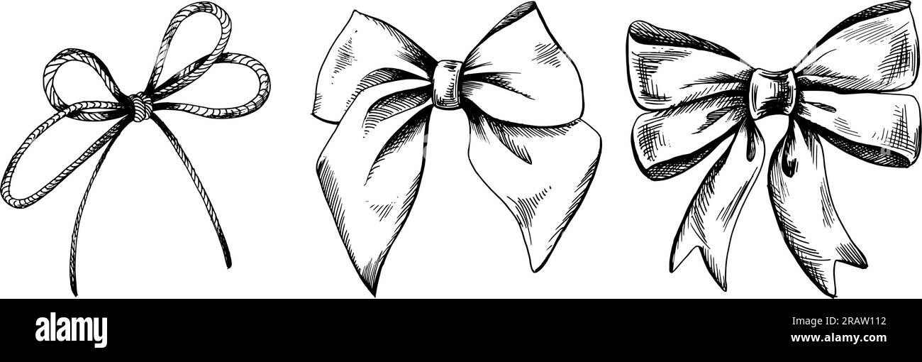 Satin bows and rope bow, hand-drawn illustration in black ink, graphics ...
