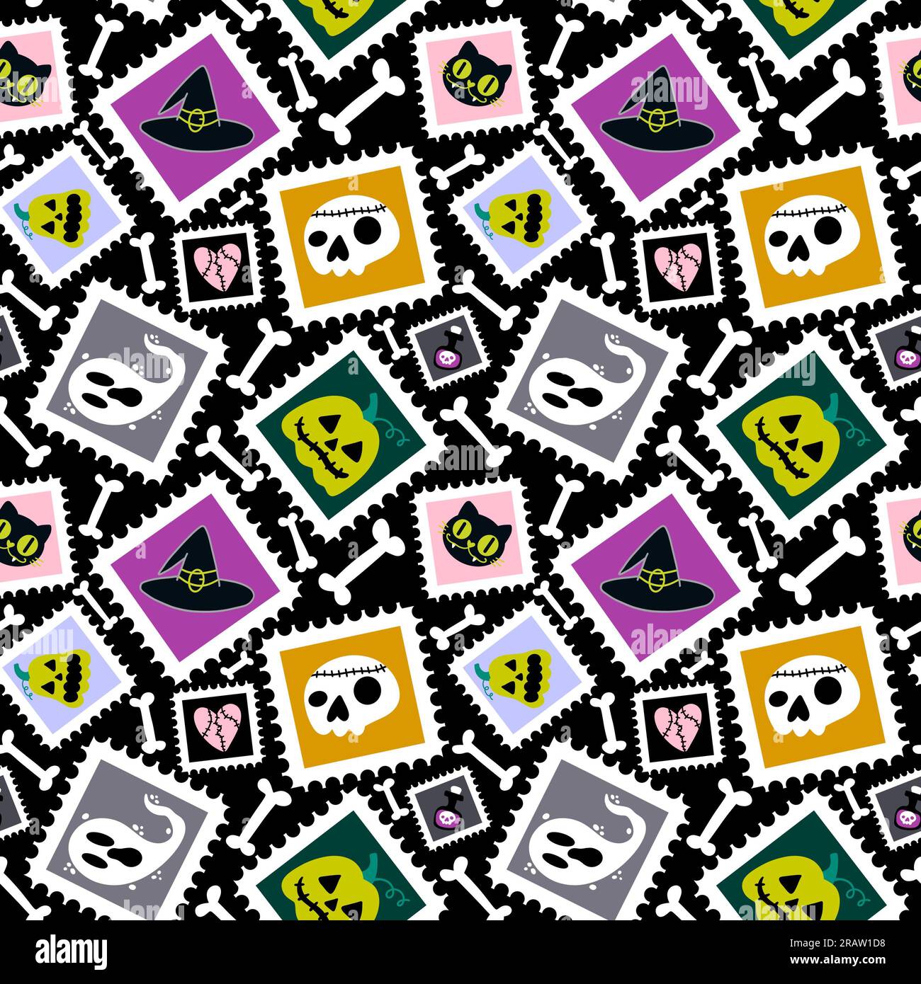 Postage stamps cartoon seamless Halloween pumpkins and ghost and poison ...