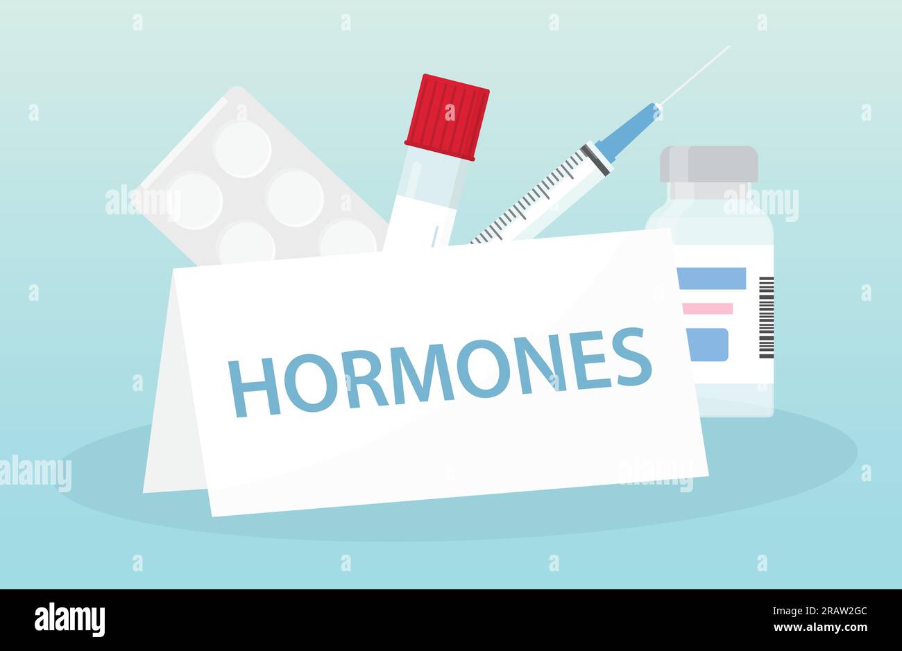 hormones written on the plate and tablets, blood sample, syringe and ...