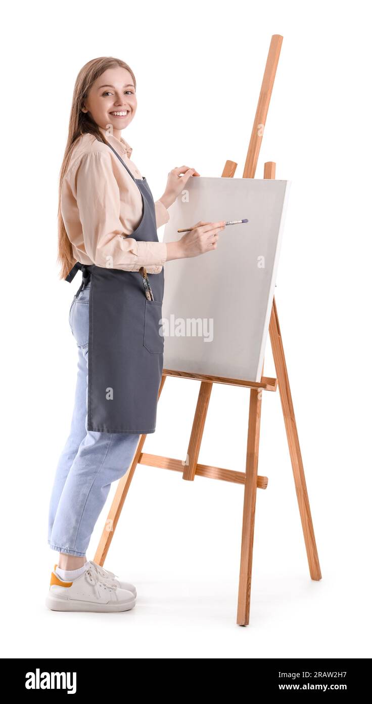 Drawing teacher with paint brush and easel on white background Stock ...
