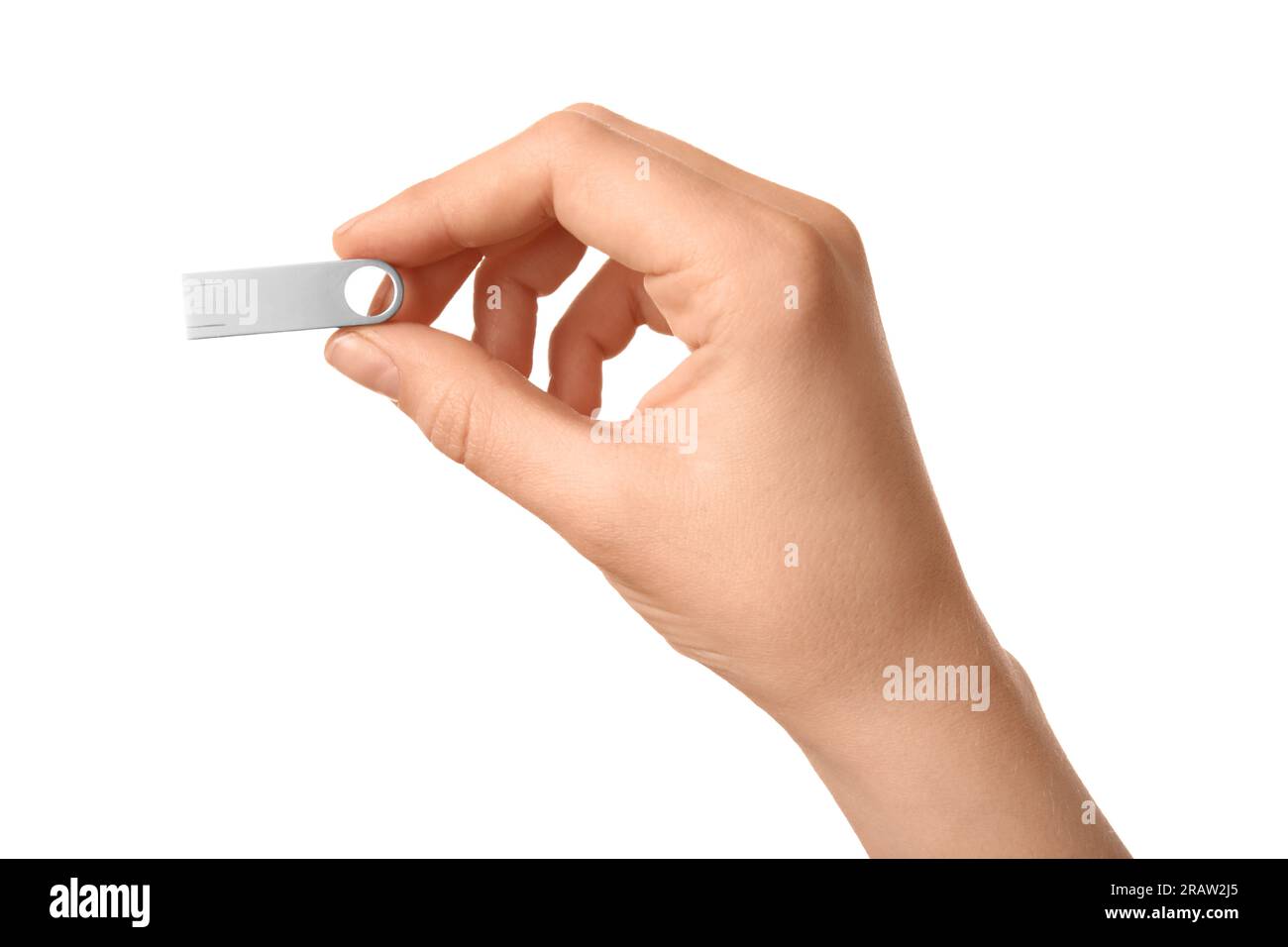 Woman holding metallic USB flash drive isolated on white background ...