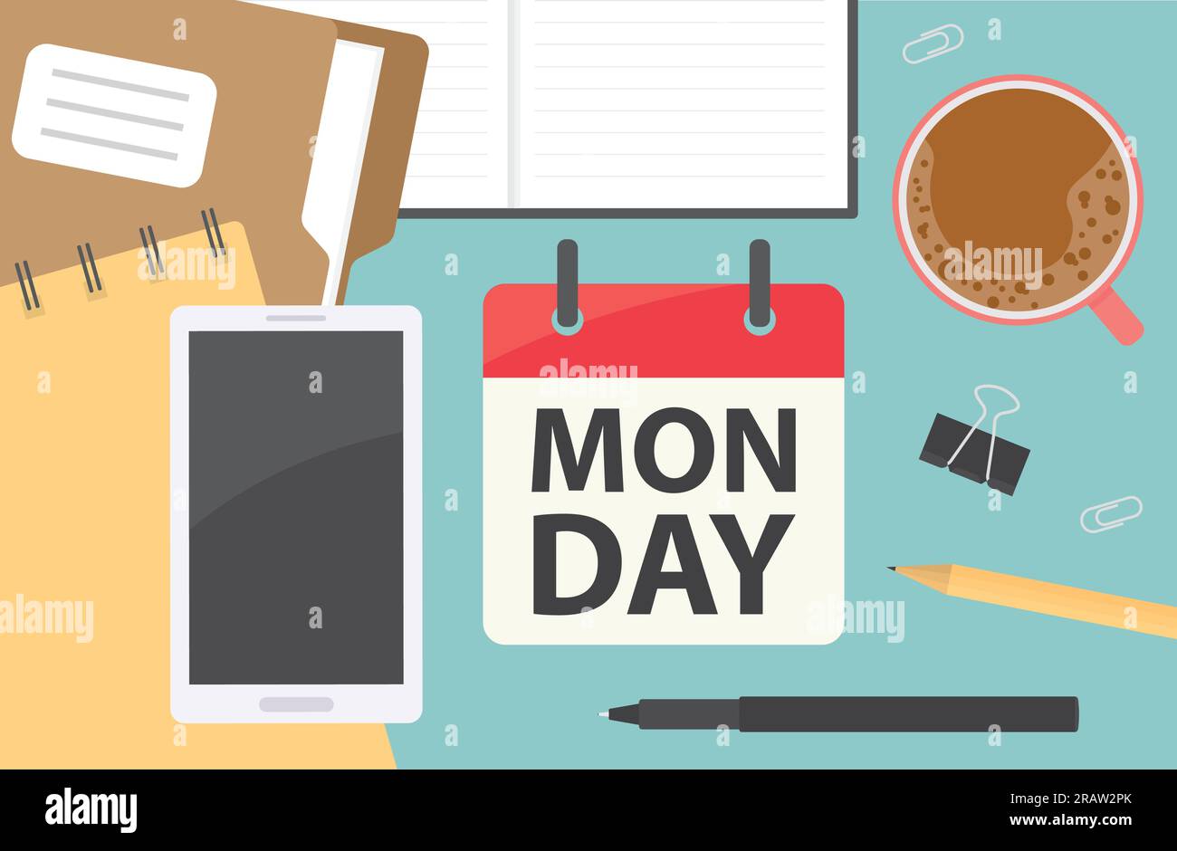monday written in calendar, flat lay office desk composition - vector ...
