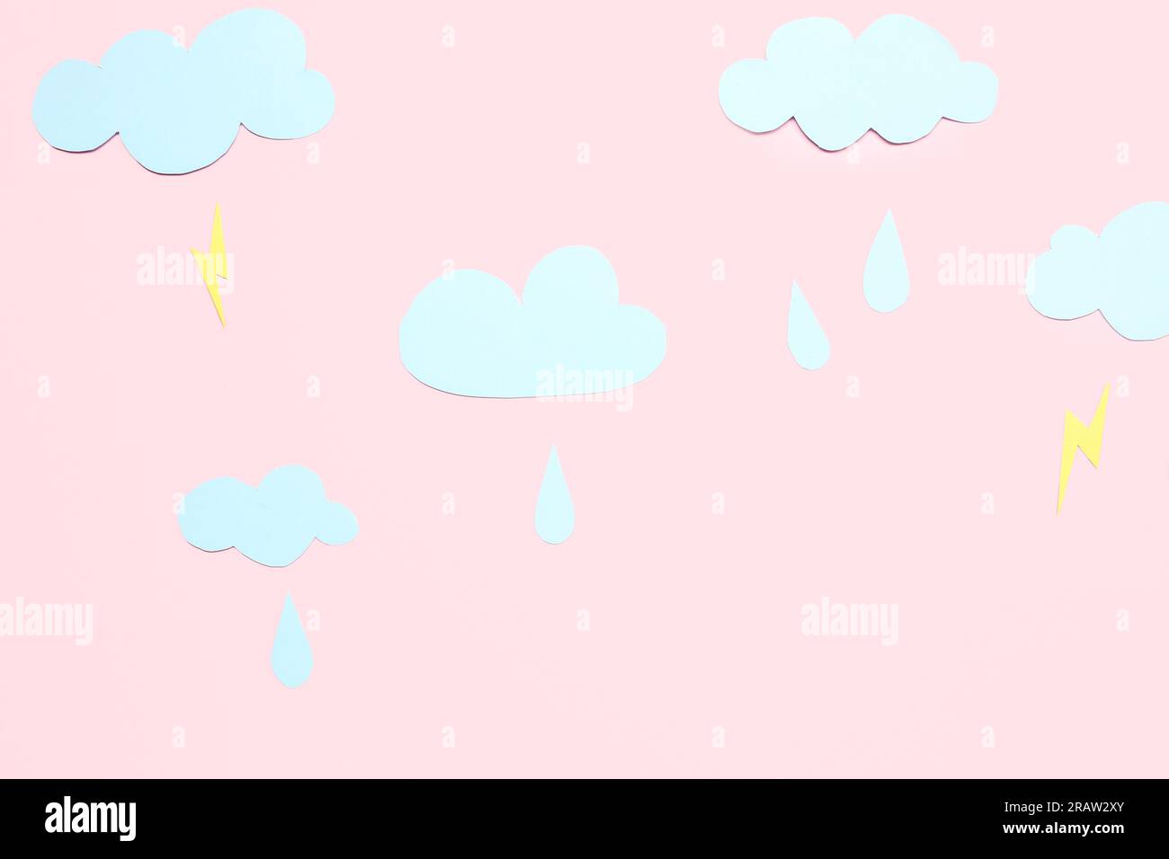 Paper clouds with rain drops and lightnings on pink background. Weather ...
