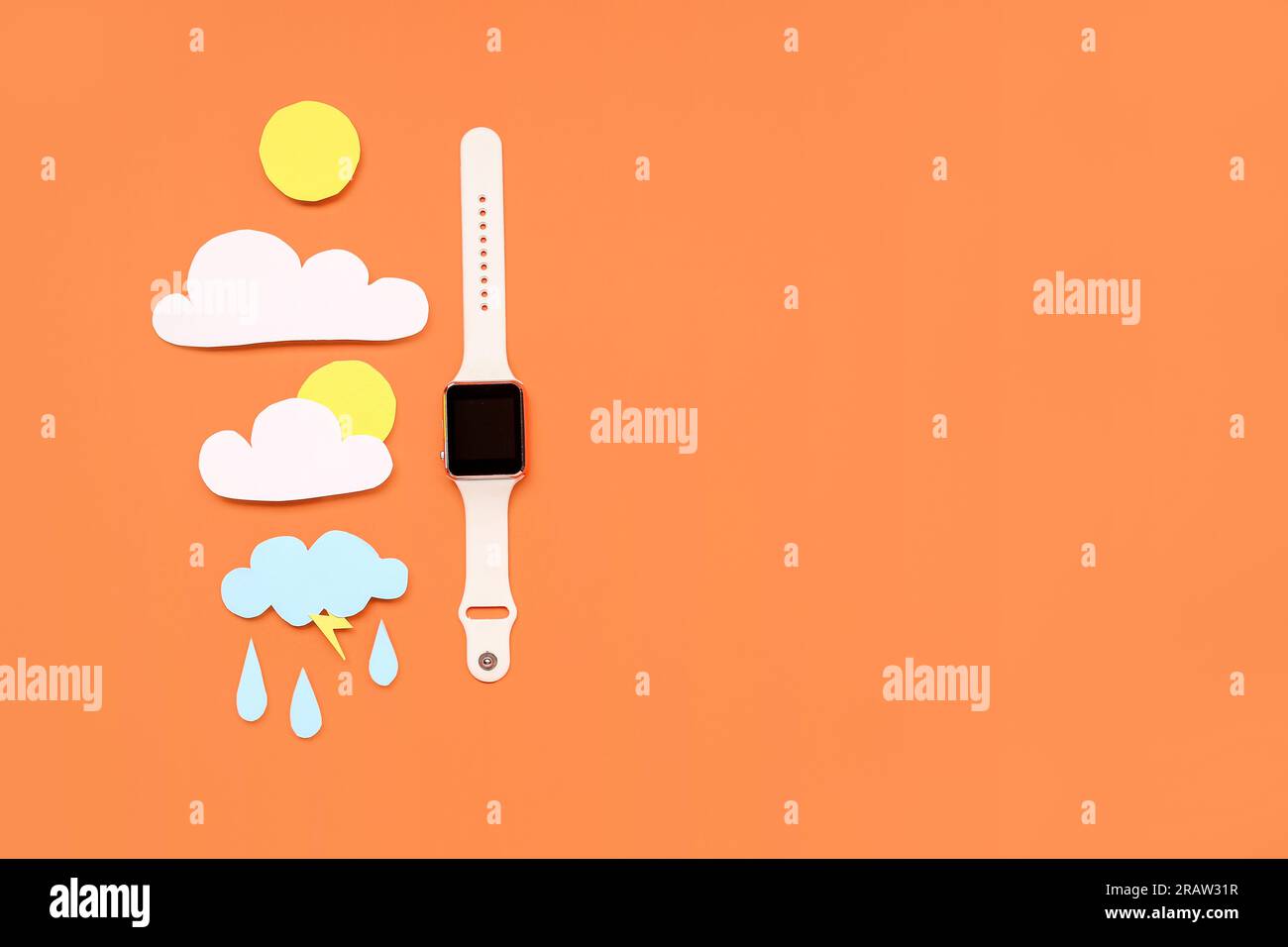 Smartwatch with paper clouds, sun and rain drops on red background ...