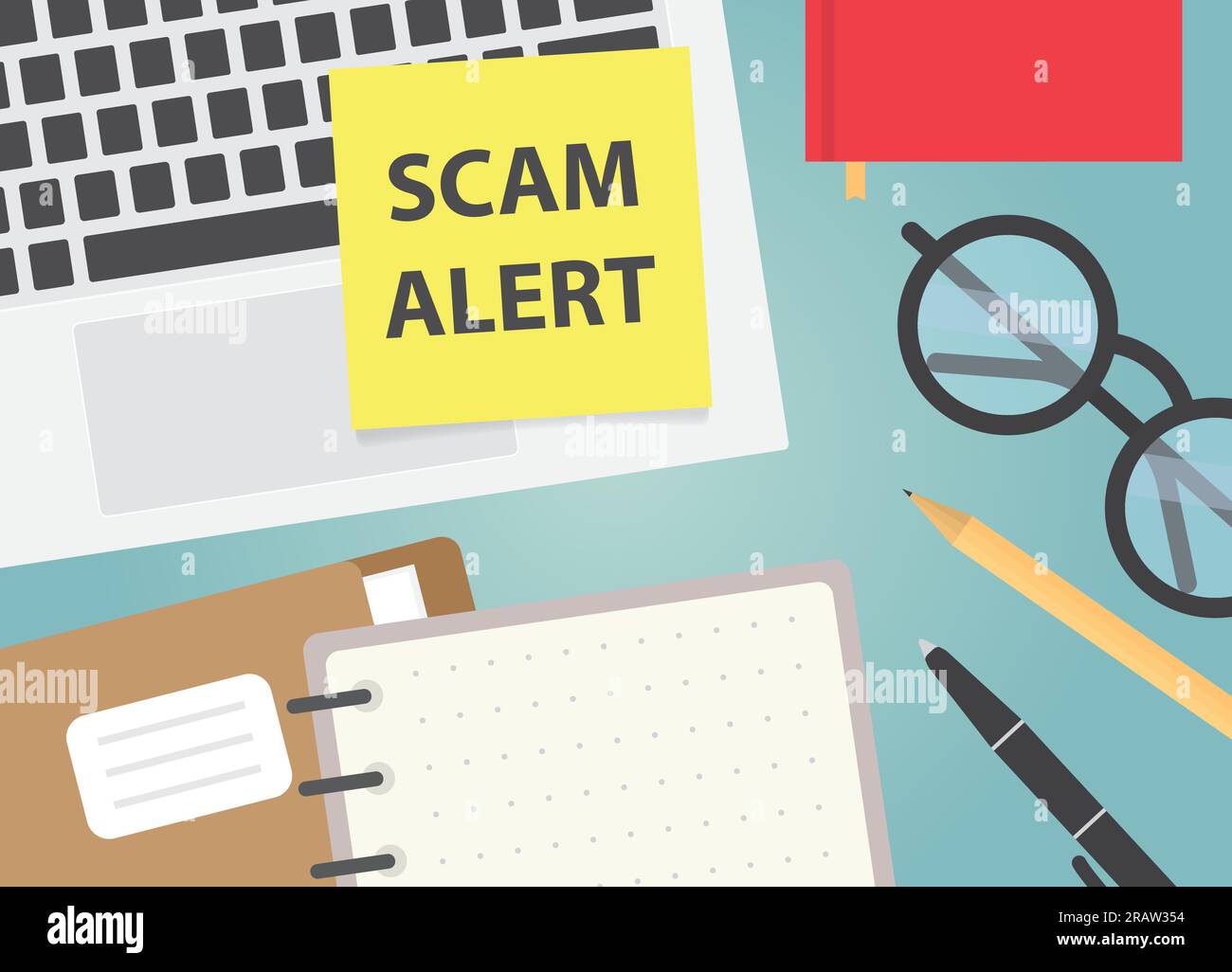 scam alert written on memo note on laptop, flat lay desk composition ...