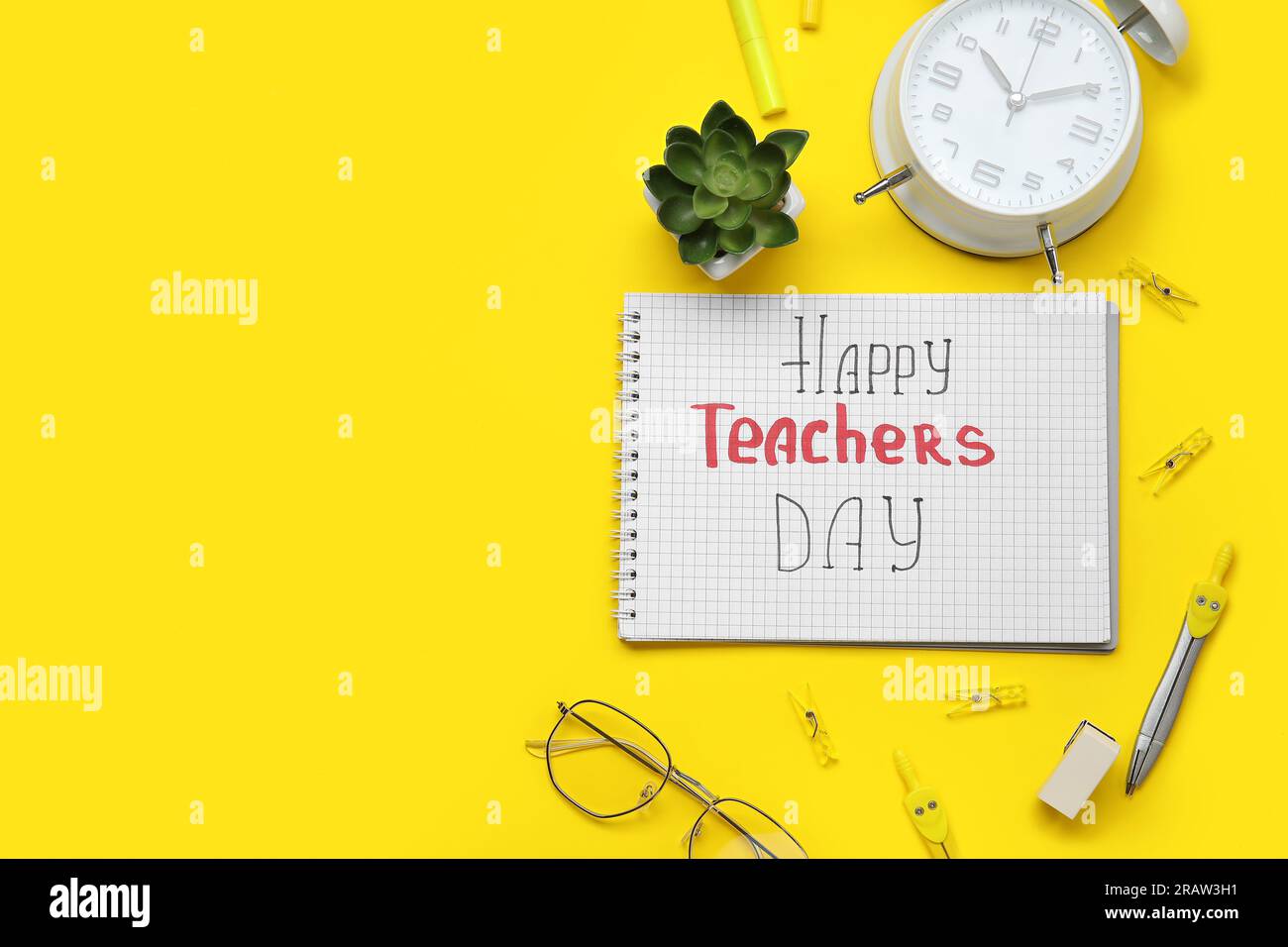 Notebook with text HAPPY TEACHERS DAY, alarm clock and different ...