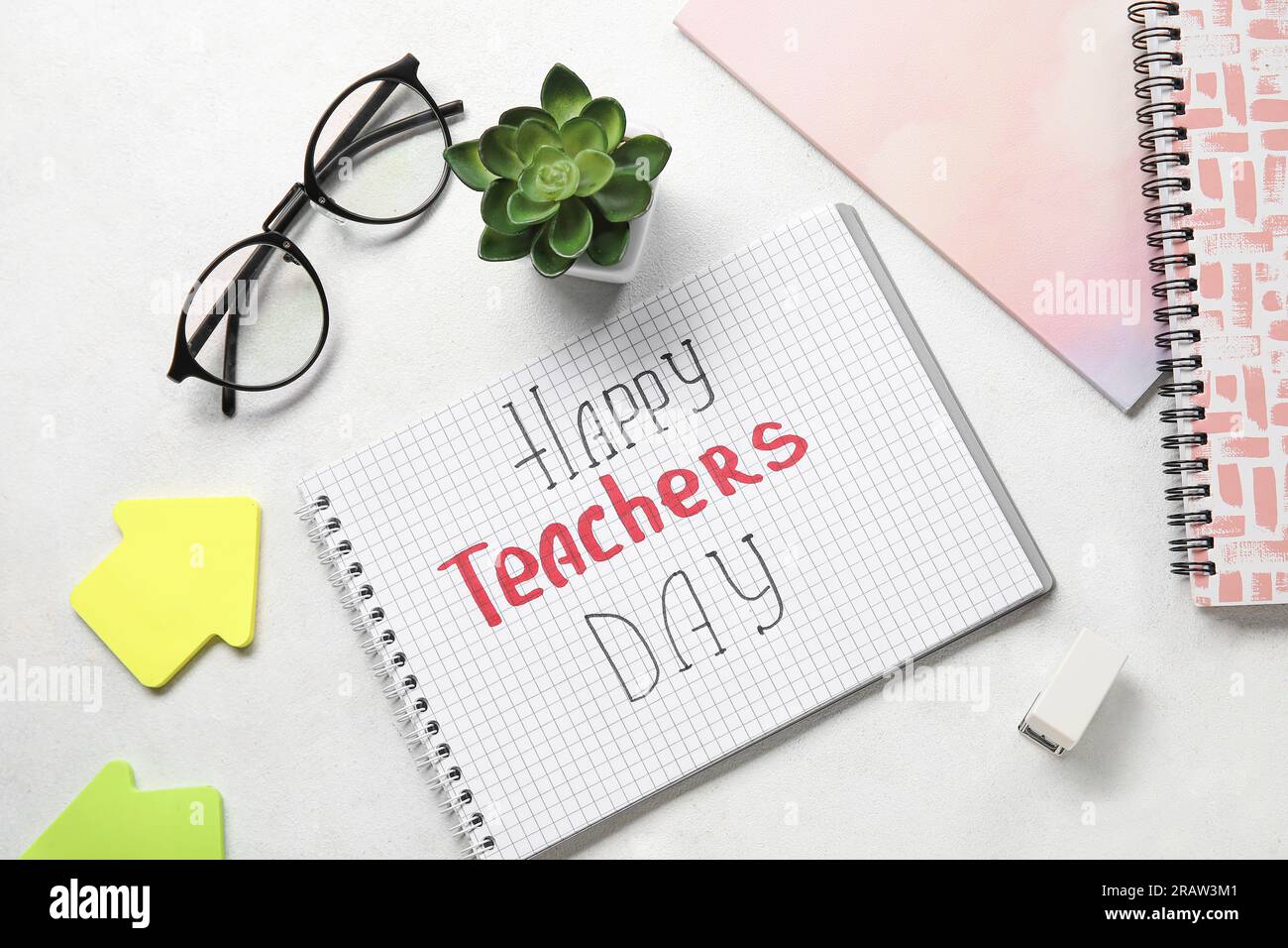Notebooks with text HAPPY TEACHERS DAY, eyeglasses and sticky notes on ...