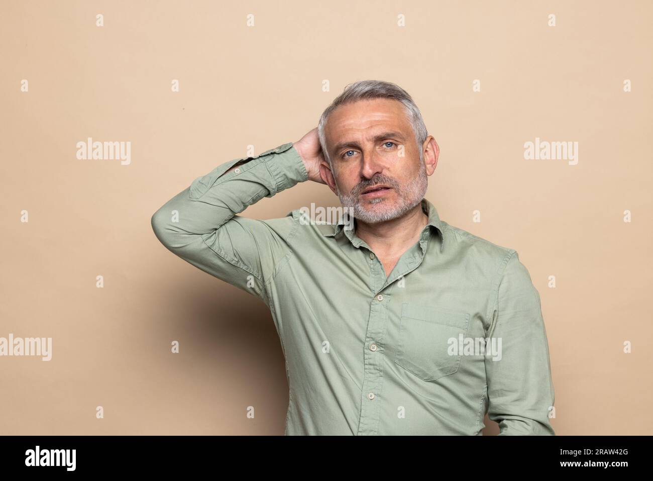 Portrait of attractive cheerful man folded arms making decision copy ...