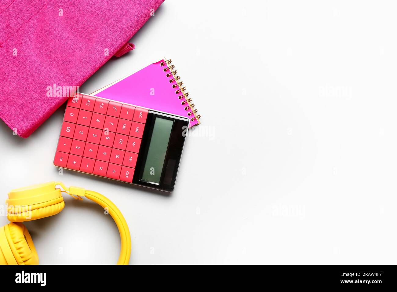 Backpack with calculator, notebook and headphones on white background ...