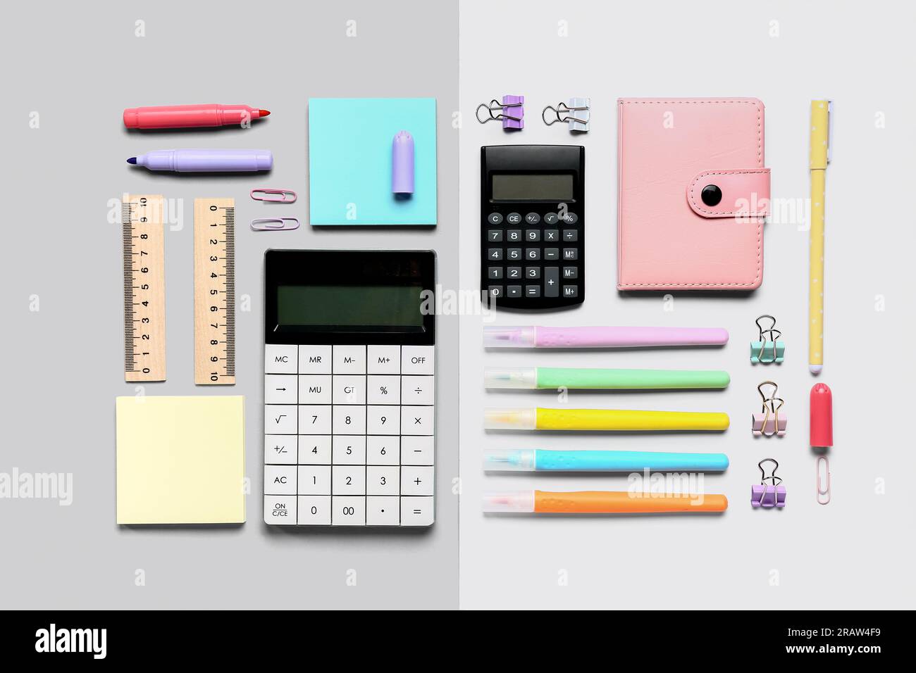 Modern calculators with different stationery on color background Stock ...