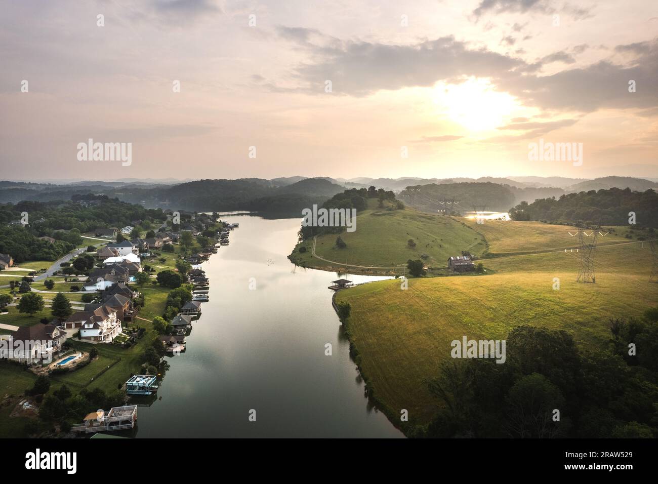 Sunrise in Johnson city, Tennessee, Aerial view of Boone lake and area ...