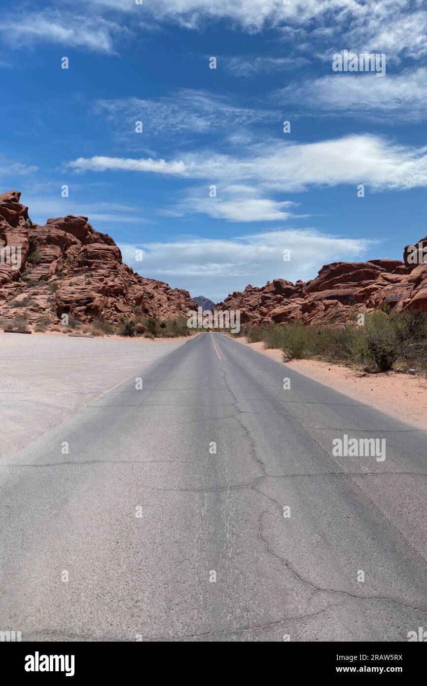 White Domes Road cutting through rock formations of red Aztec sandstone ...
