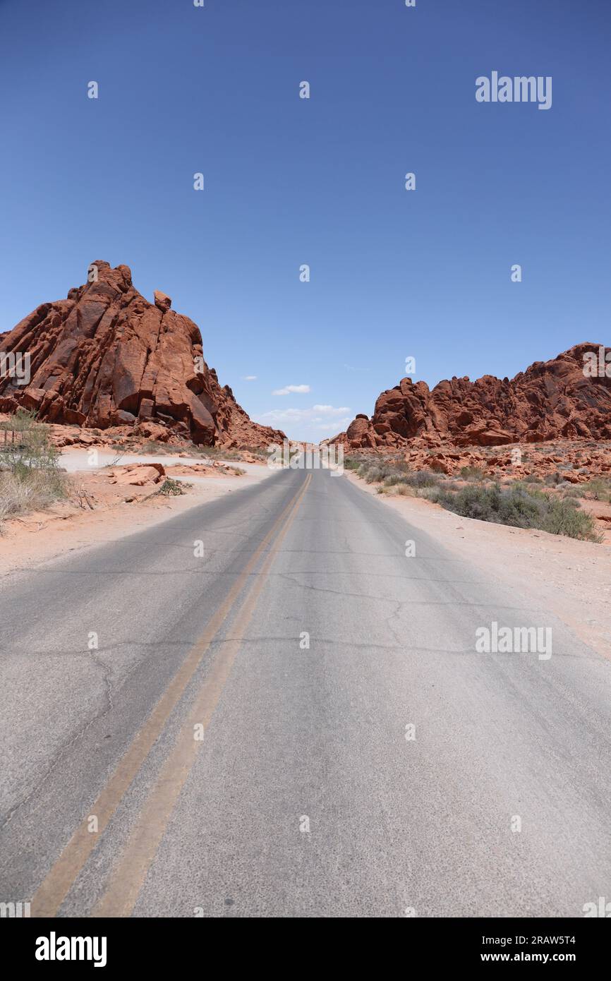 White Domes Road cutting through rock formations of red Aztec sandstone ...
