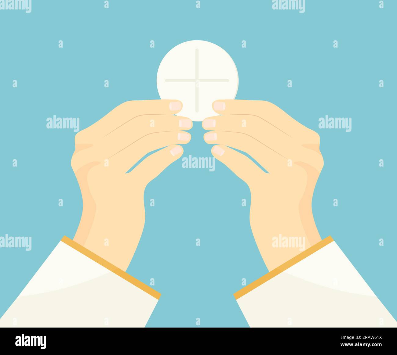 hands of priest raise holy host, communion, wafer- vector illustration ...
