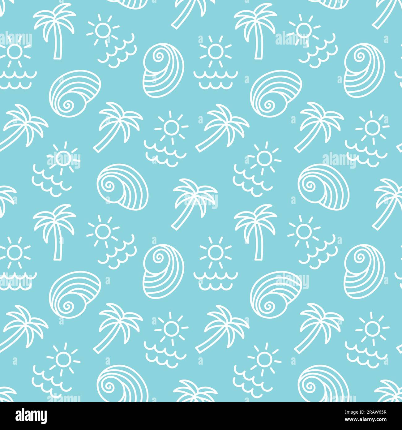 blue summer seamless pattern with palm trees, shells, sun and sea waves ...