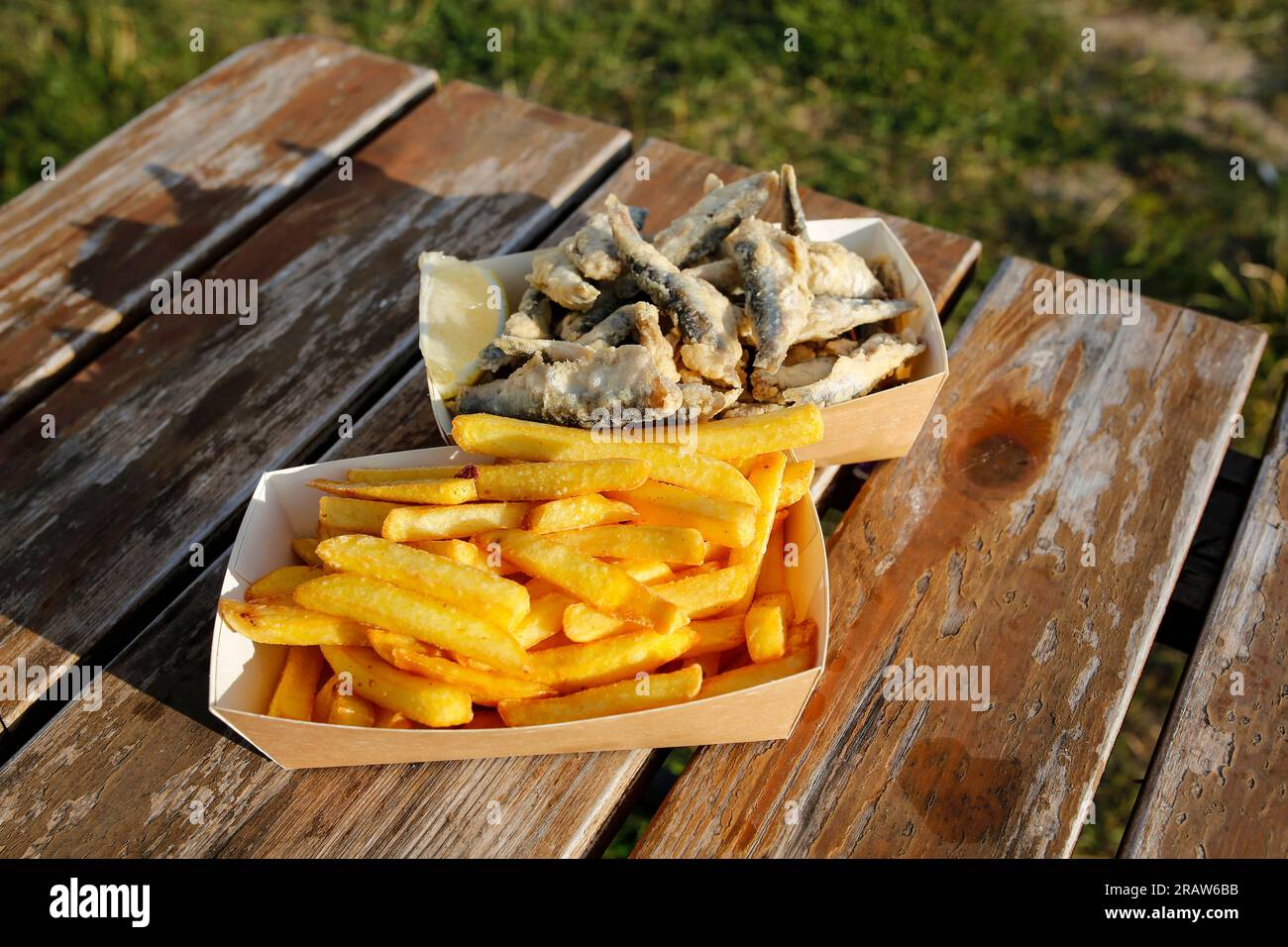 small fried fish and french fries at an seaside restaurant Stock Photo ...