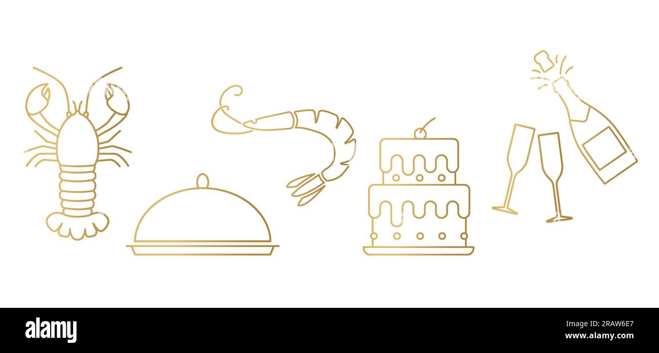 golden luxury food, party, banquet elements: lobster, tray, shrimp ...