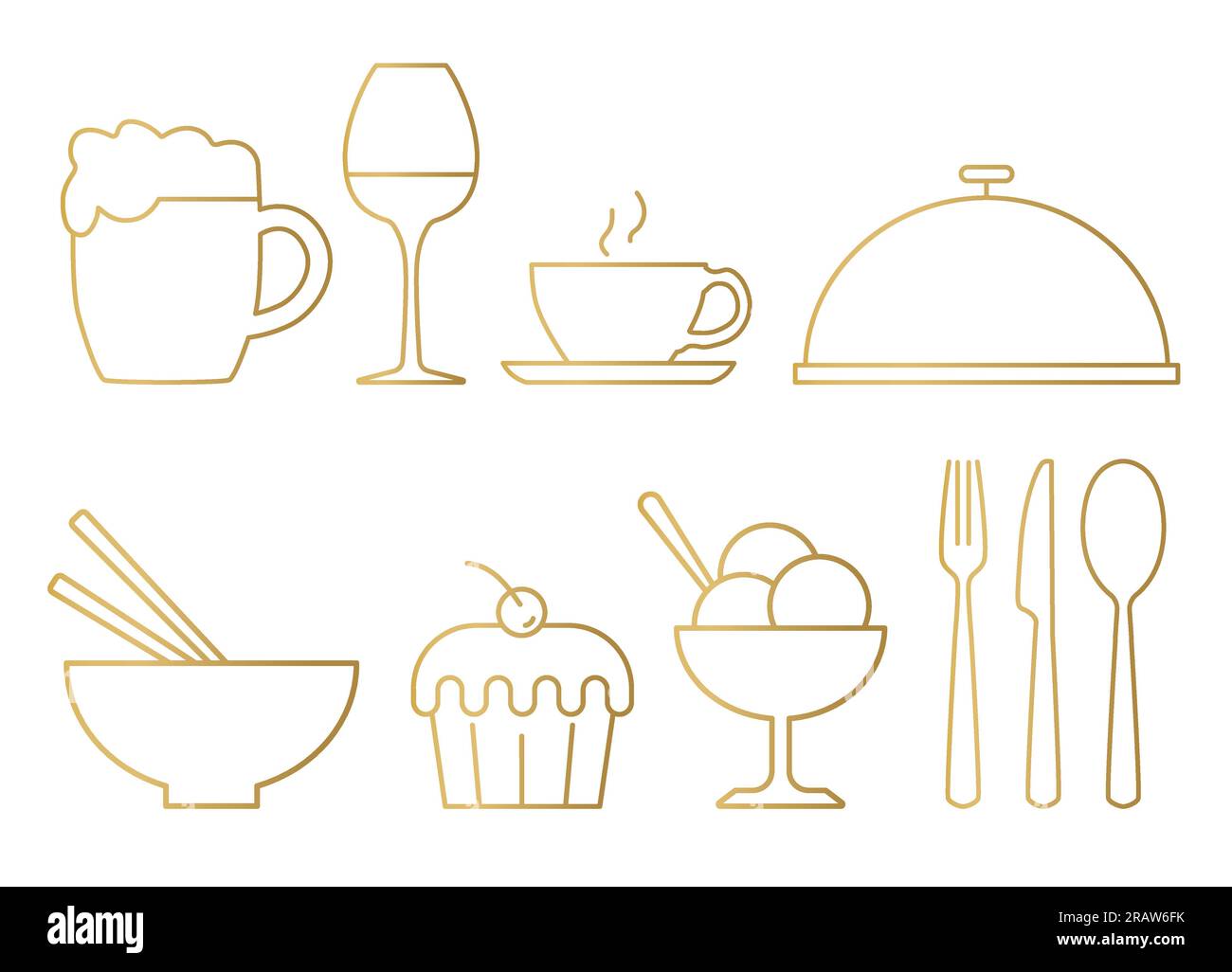 set of golden food and drink icons: beer, glass of wine, coffee cup ...