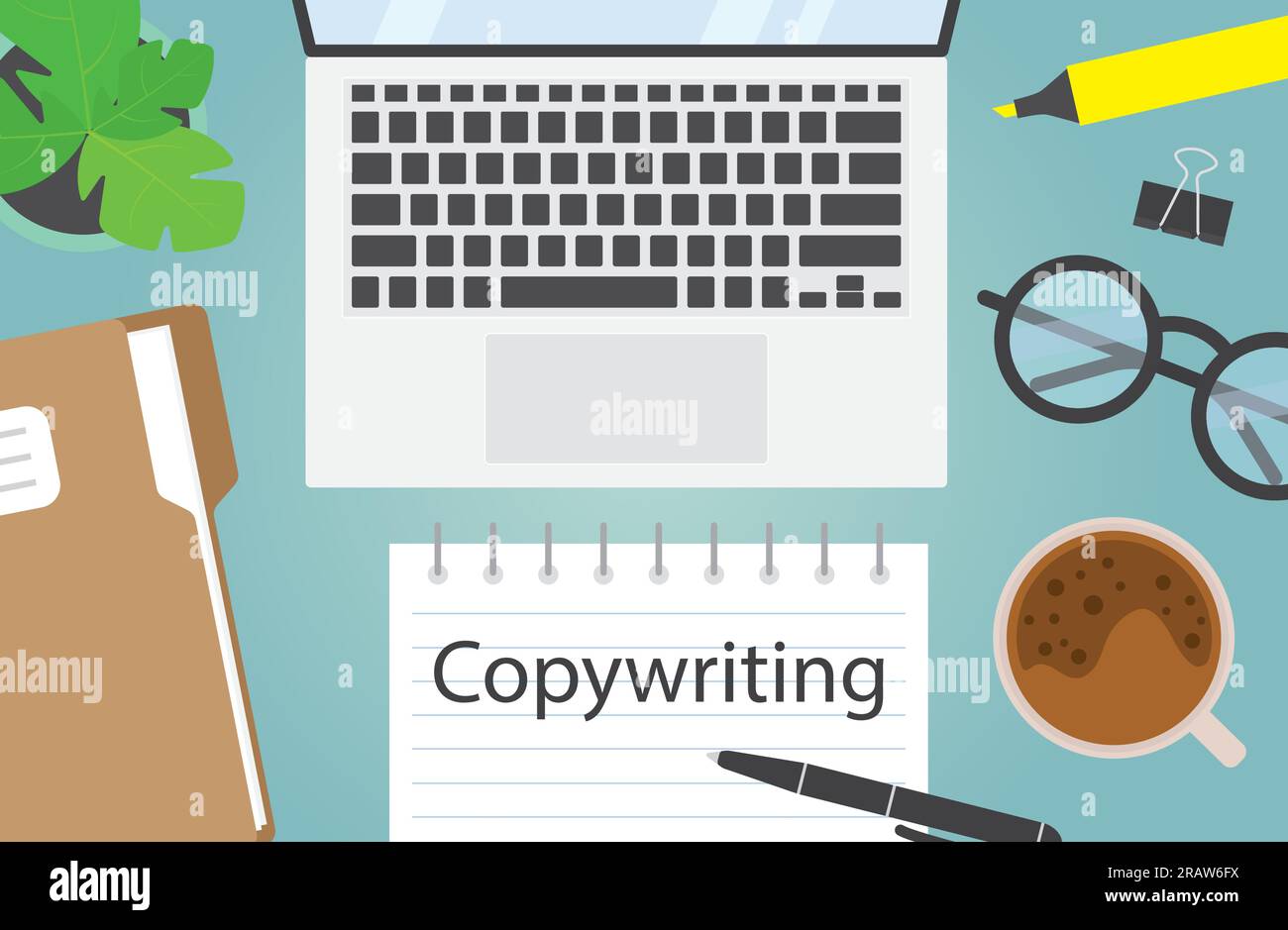 copywriting written in spiral notebook on office desk, flat lay ...