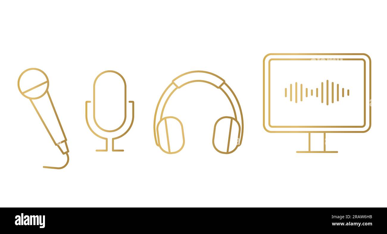 golden broadcast, podcast microphone, headphones and computer set ...