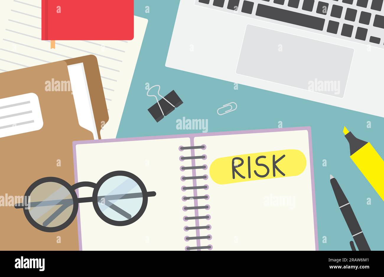 risk written in spiral notebook on office desk, flat lay composition ...