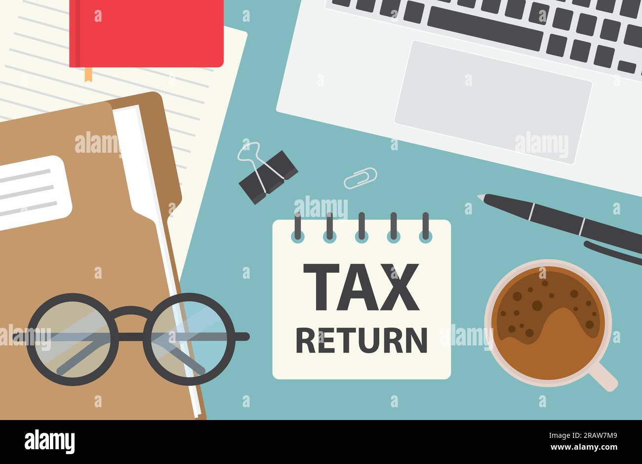 tax return written in spiral notebook on office desk, flat lay ...