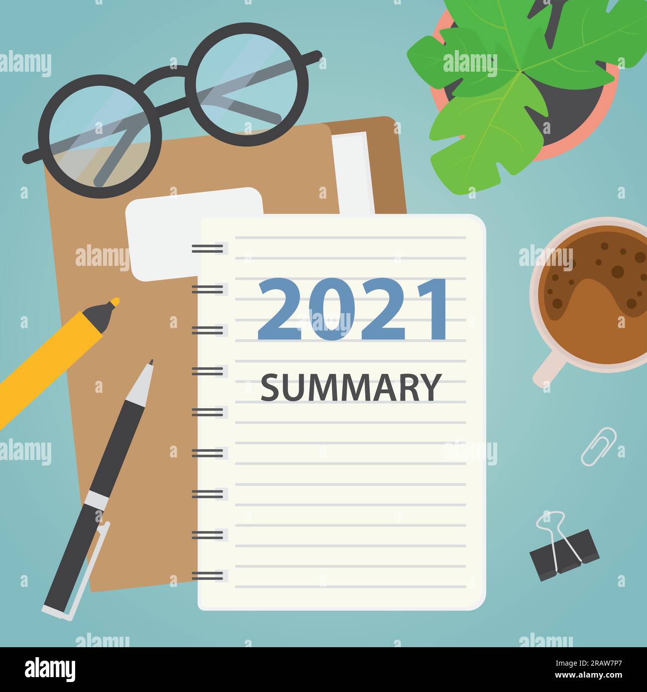 2021 summary written in spiral note, flat lay composition- vector ...