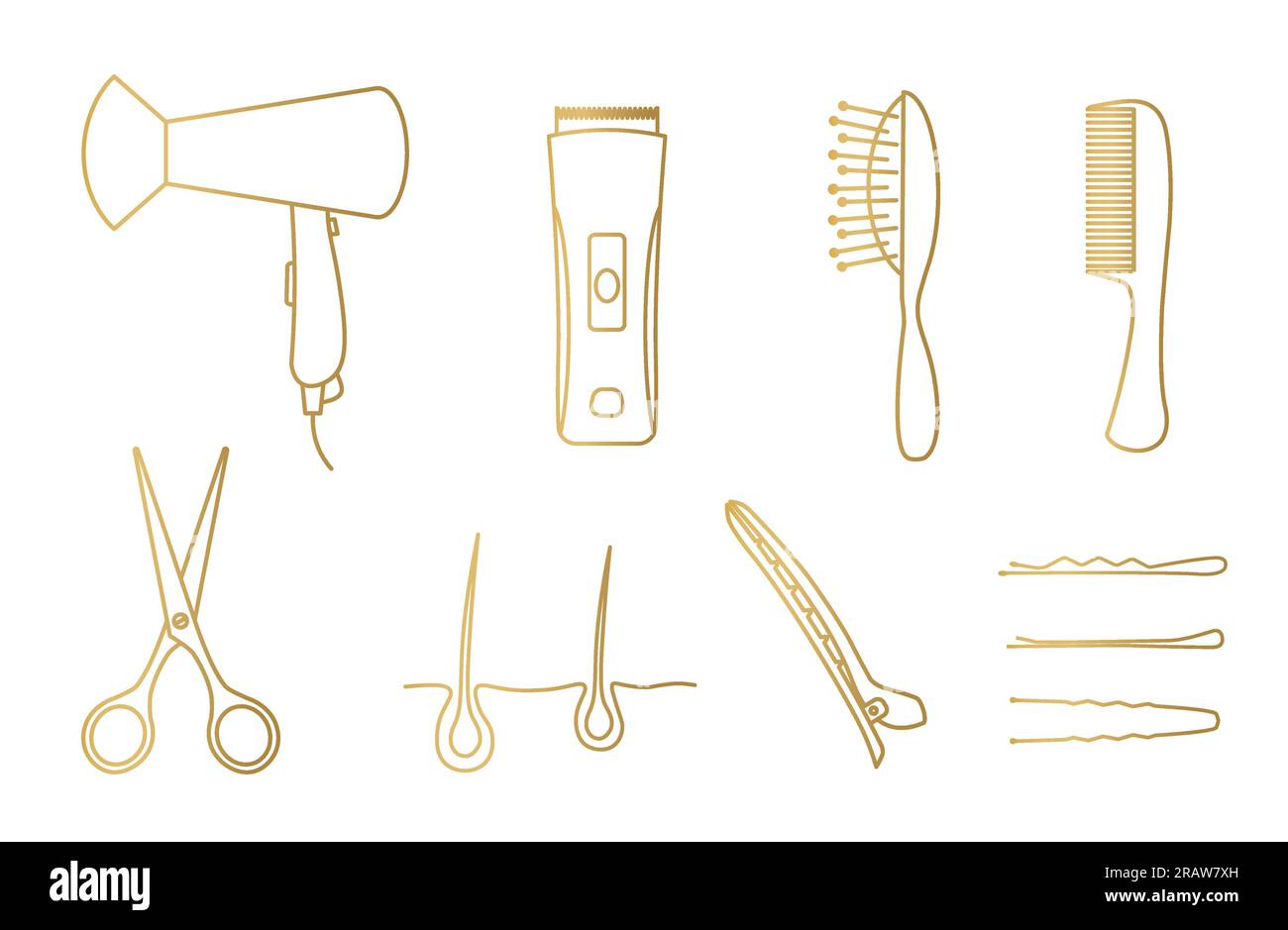 golden hairdressing tools: hairdryer, clipper, brush, comb, scissors ...