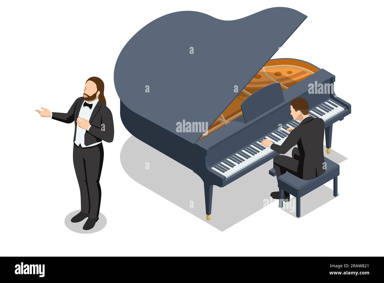 Isometric man pianist plays the grand piano and a opera singer stands ...