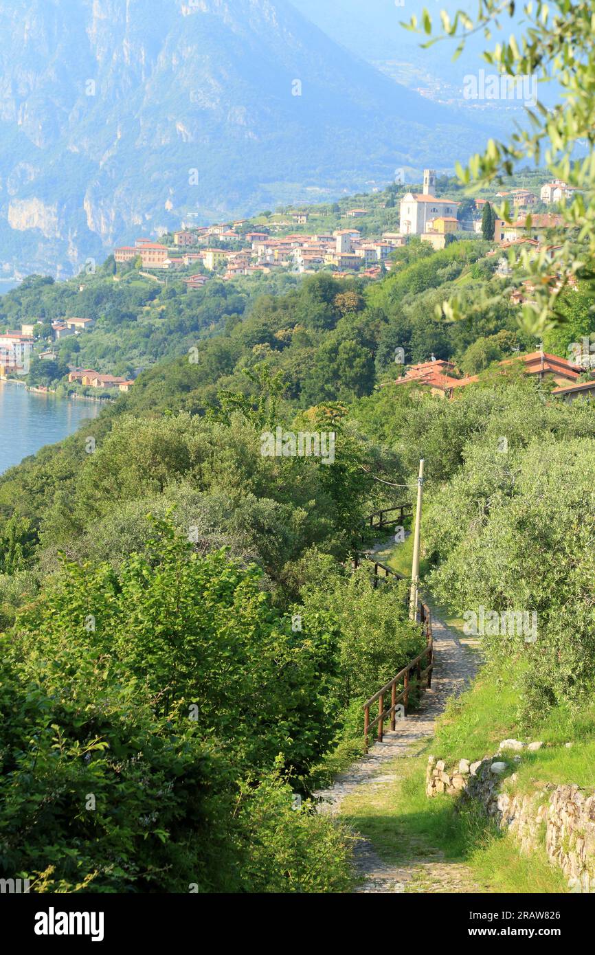 Lake Iseo. Hiking path to Torre Rocca Martinengo Castle of Monte Isola ...