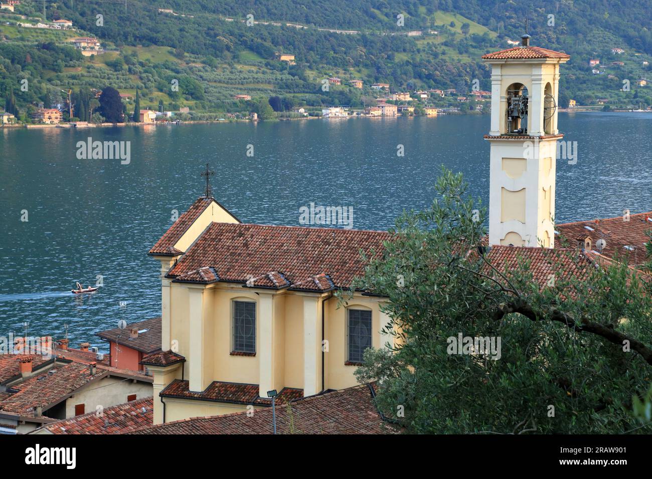 Lake Iseo, Peschiera Maraglio town. Lago d'Iseo, Iseosee, Italy. Monte ...