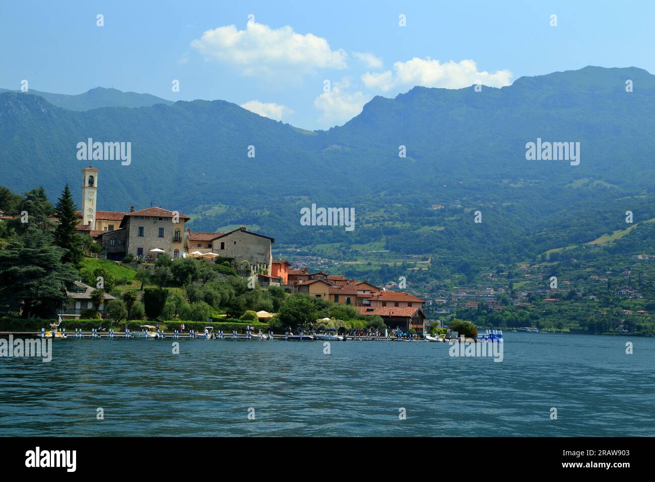 Lake Iseo, Peschiera Maraglio town. Lago d'Iseo, Iseosee, Italy. Monte ...