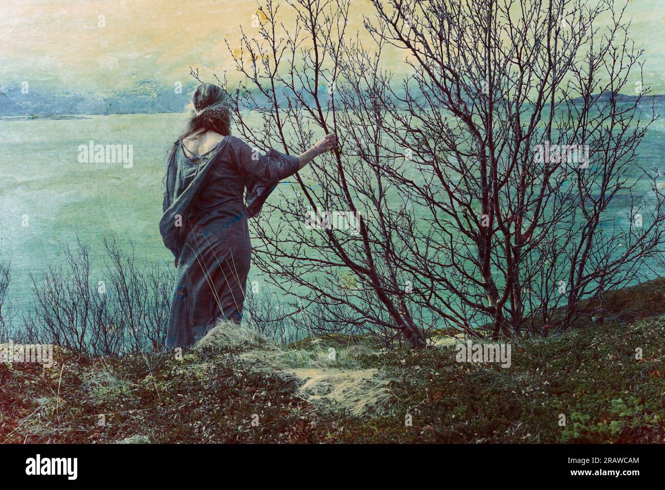 Medieval woman looking out over a fjord. Artistic coloring evokes a ...