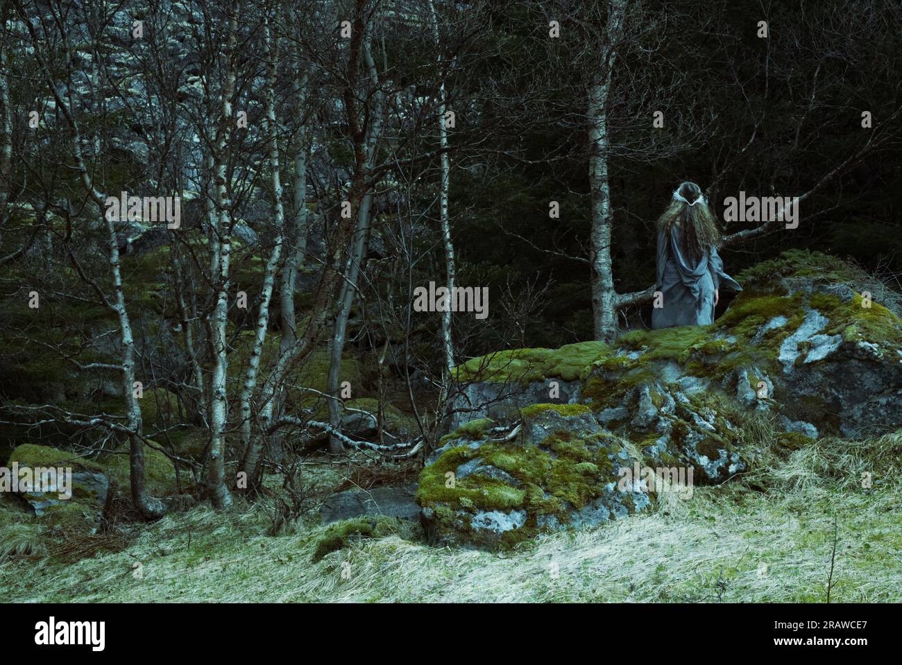 Pagan woman making an offering to the goddess in the woods Stock Photo ...