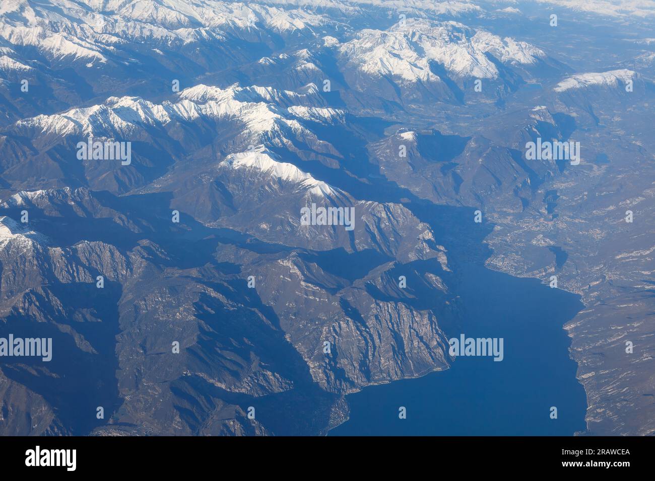 Lake Como Italy view from above . Aerial view of the Alps range from ...