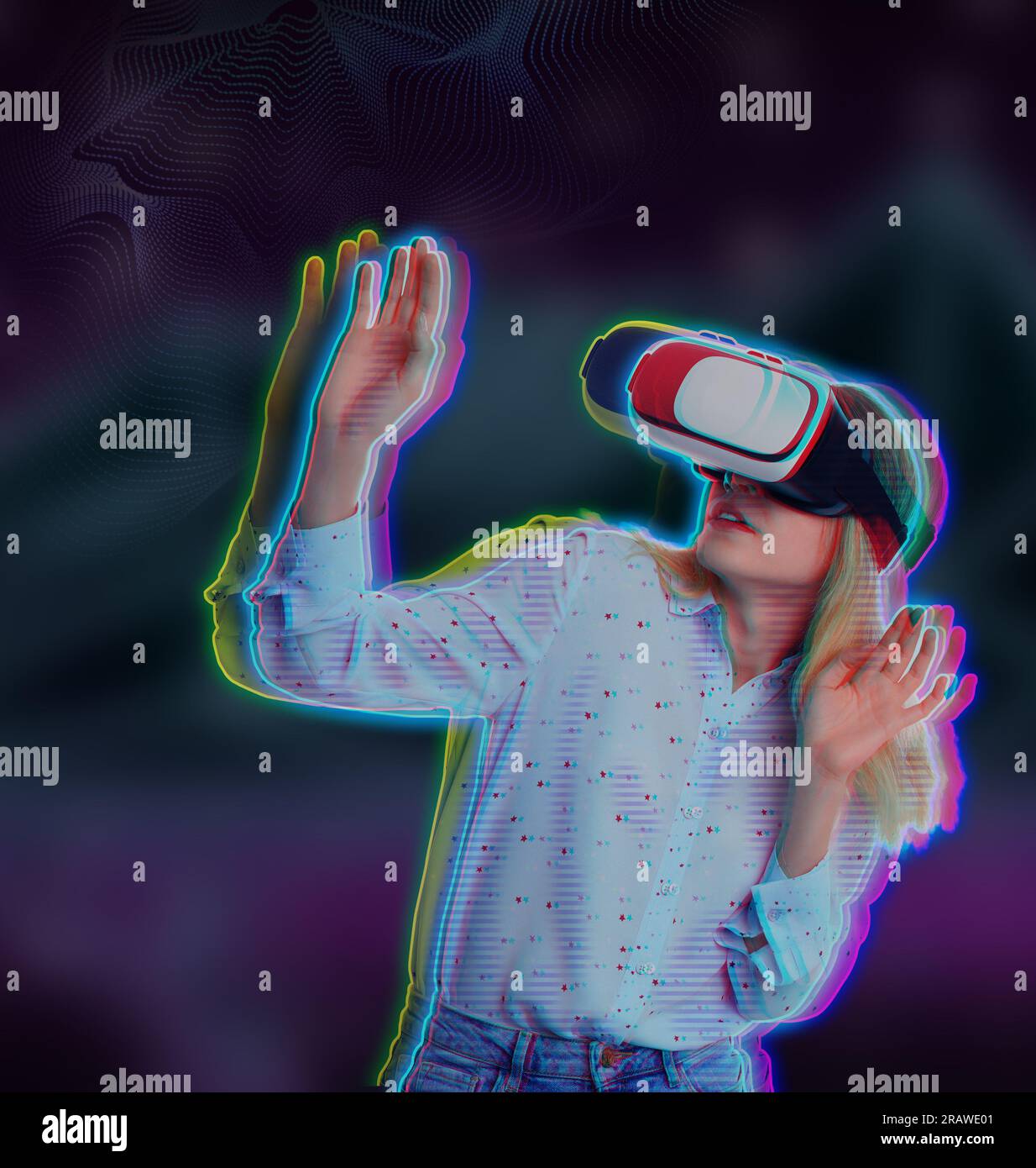 Metaverse. Woman using virtual reality headset, glitch effect ...