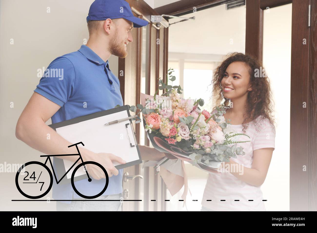 24/7 service. Woman receiving flower bouquet from delivery man at door ...