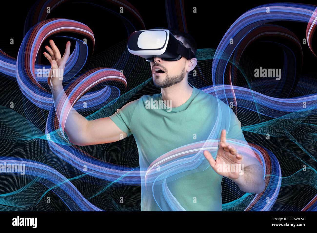 Metaverse. Man using virtual reality headset. Illustration of immersion ...