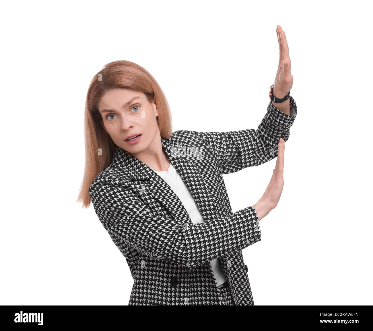 Beautiful businesswoman avoiding something on white background Stock ...