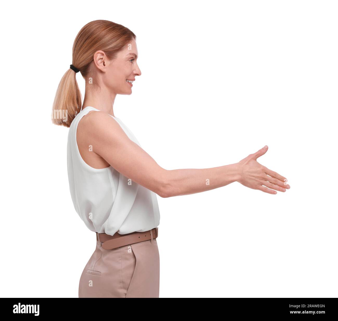 Beautiful happy businesswoman giving handshake on white background ...