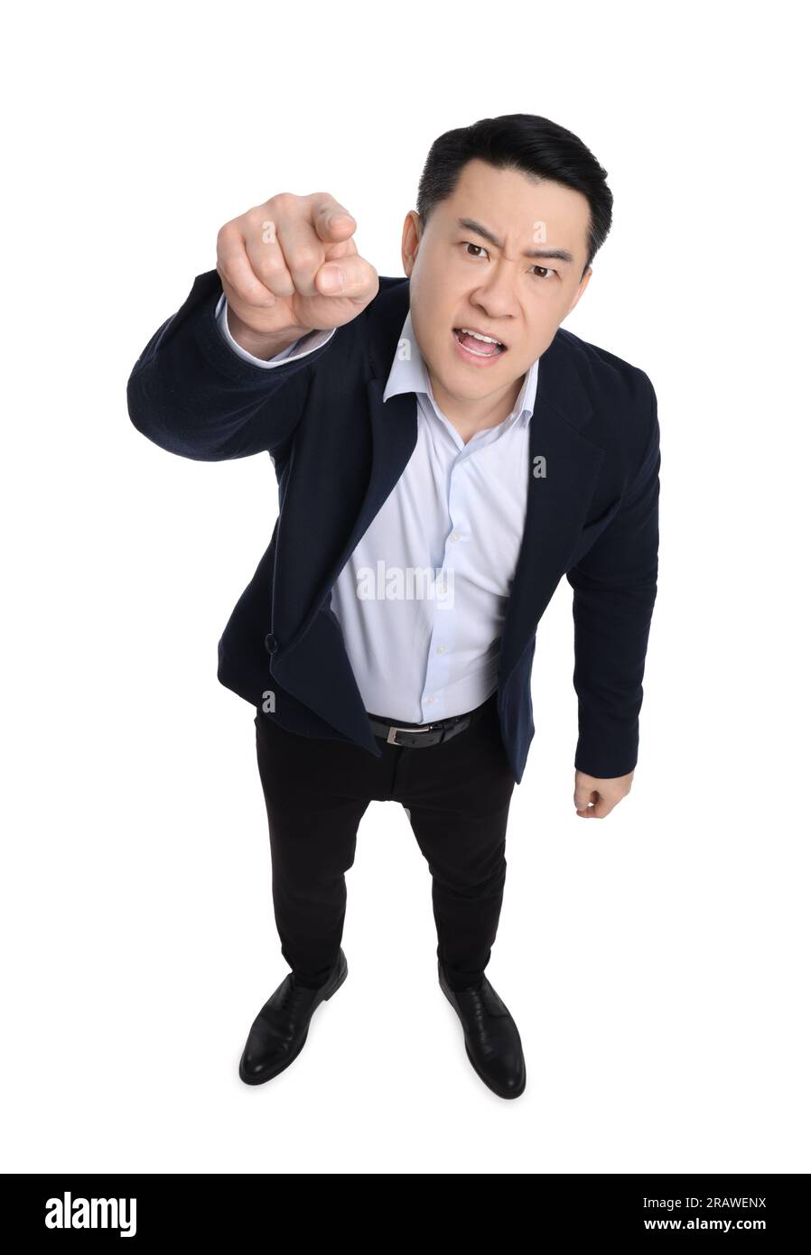 Angry businessman in suit posing on white background, above view Stock ...
