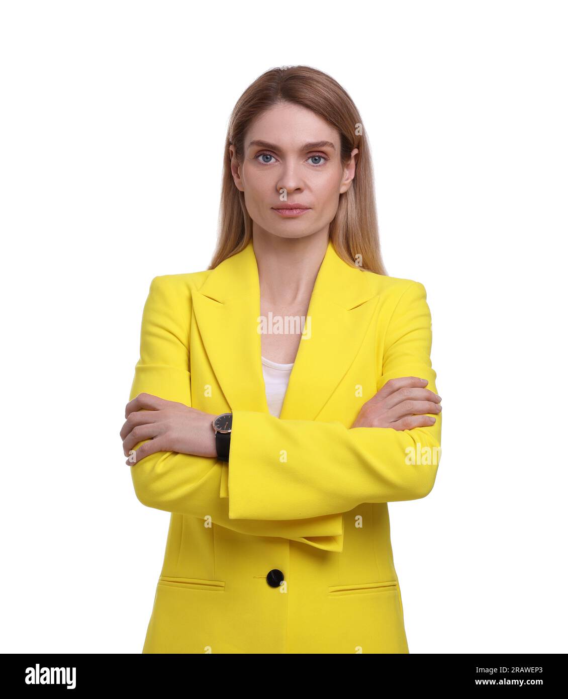 Beautiful businesswoman crossing arms on white background Stock Photo ...