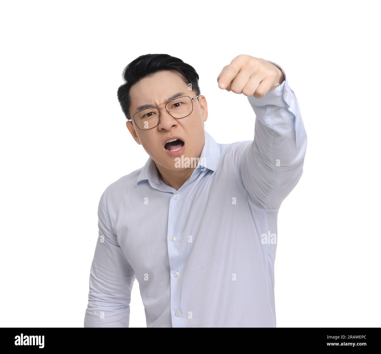 Angry businessman in formal clothes screaming on white background Stock ...