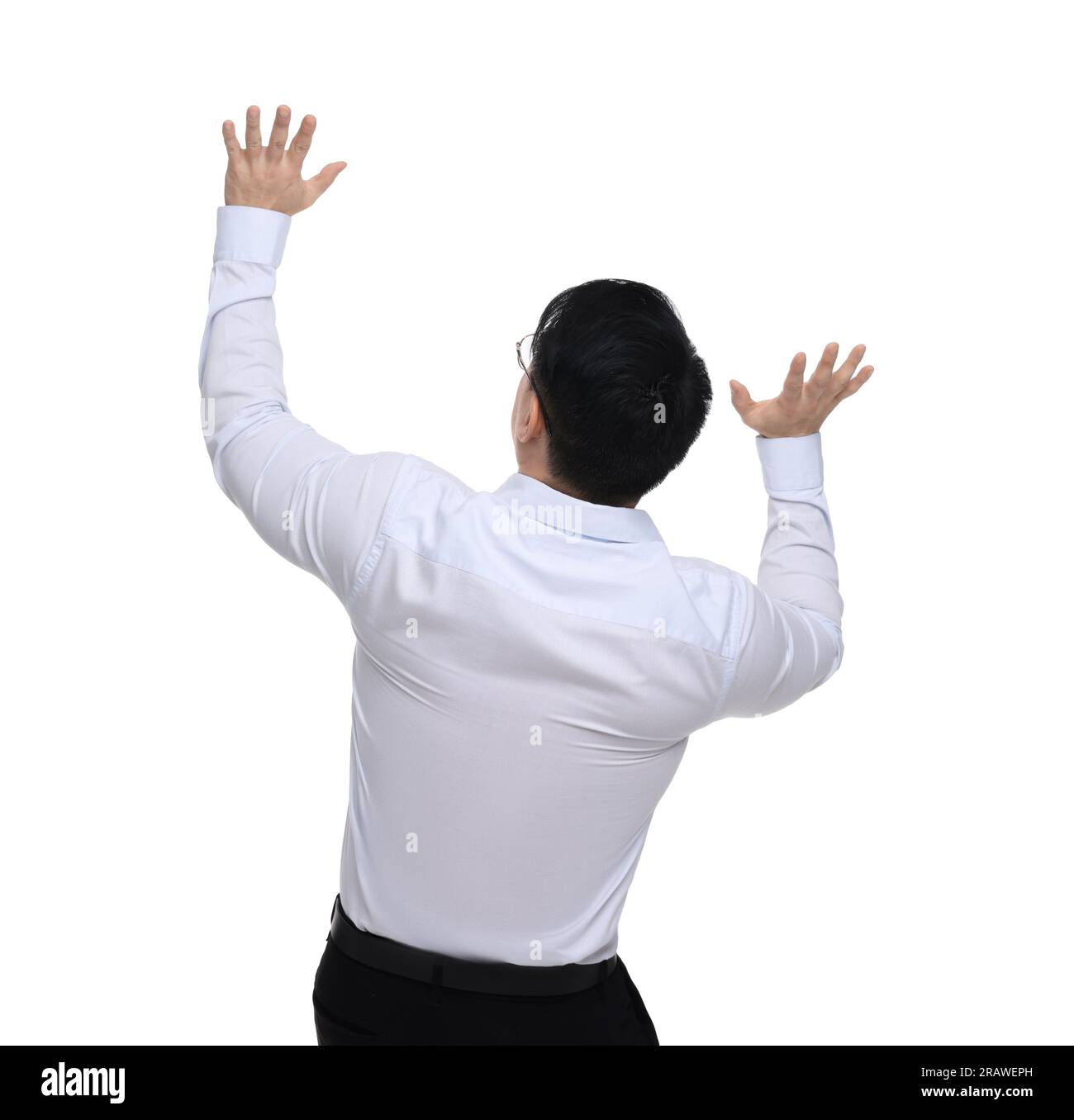 Businessman in formal clothes posing on white background, back view ...
