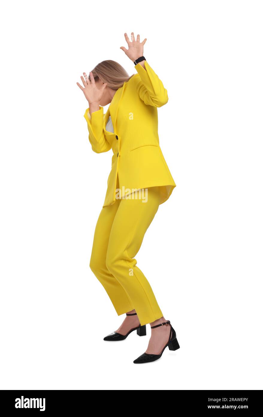 Businesswoman in suit avoiding something on white background Stock ...