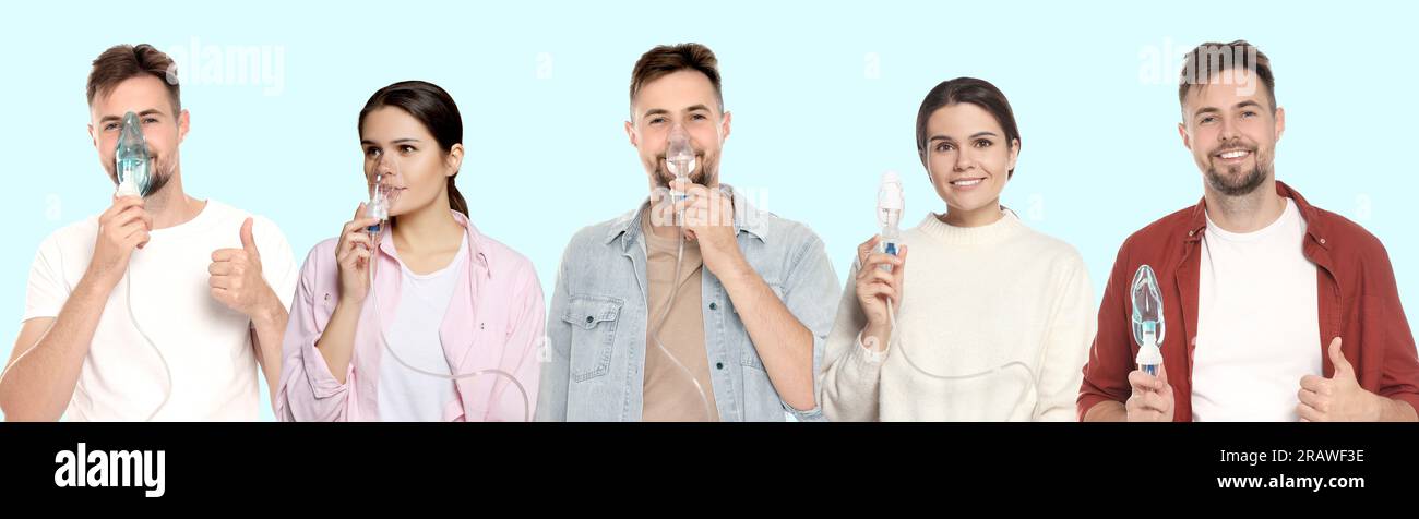 Inhalation therapy. Collage with photos of people using nebulizers on ...