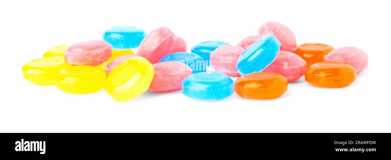 Many different colorful cough drops on white background Stock Photo - Alamy