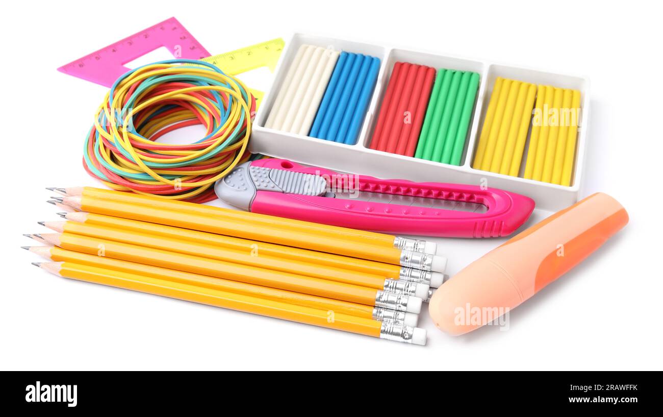 Many different school stationery isolated on white Stock Photo - Alamy