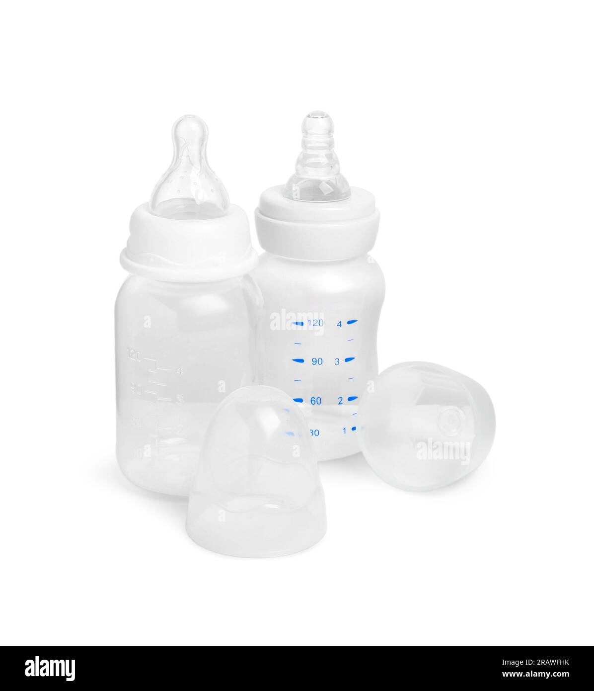 Two empty feeding bottles for infant formula on white background Stock ...