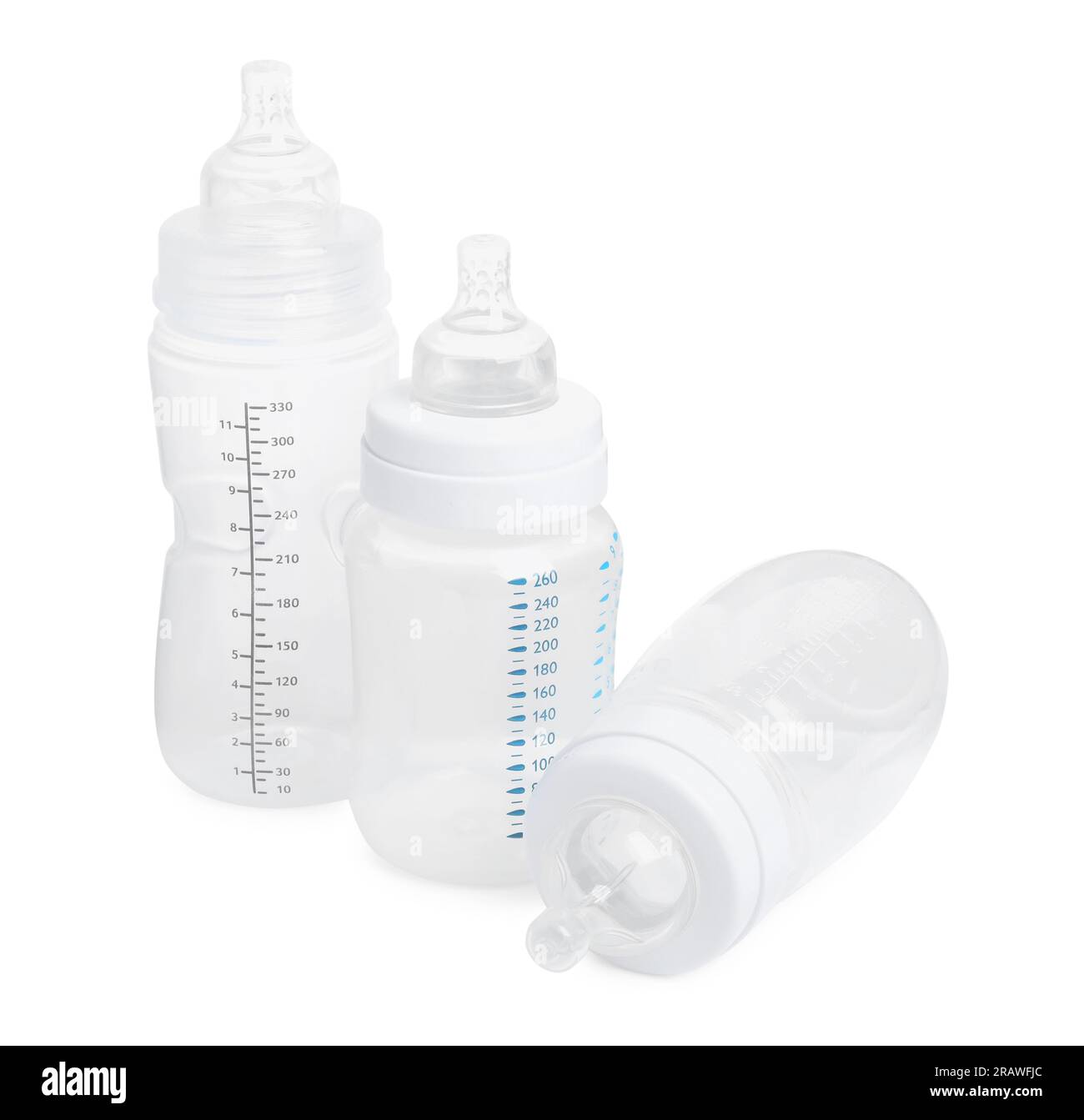 Three empty feeding bottles for infant formula on white background ...